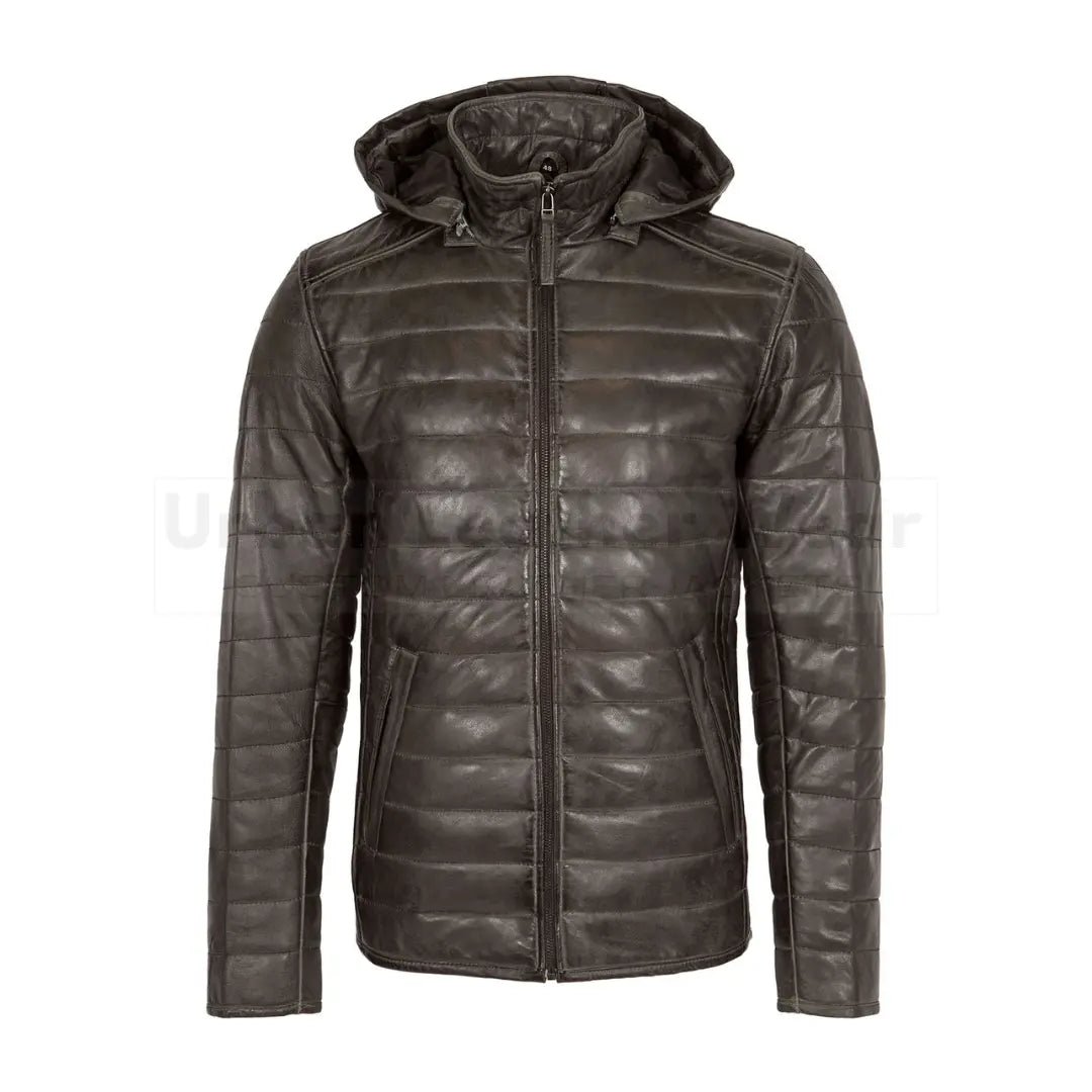 Mens leather puffer jacket brown with hood - urbanleatherwear.com